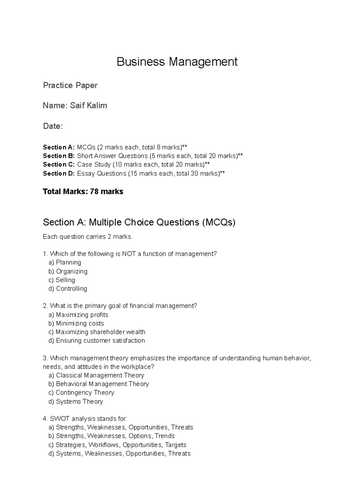 Business practise paper - Business Management Practice Paper Name: Saif ...