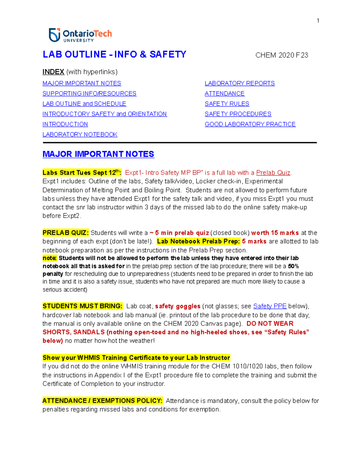 Lab Outline Info Safety 2020 F23 - LAB OUTLINE - INFO & SAFETY CHEM ...