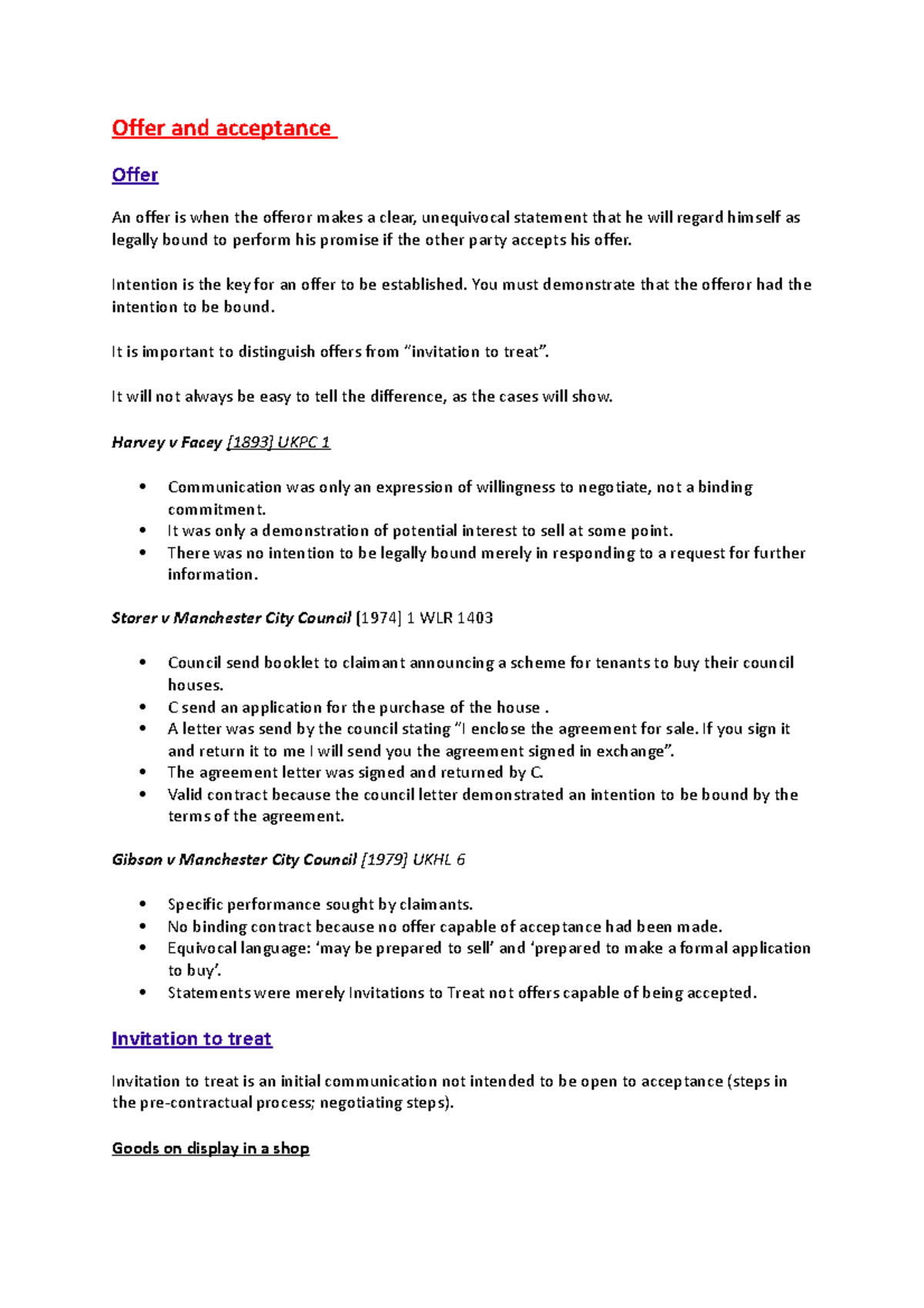 Offer and acceptance notes - Offer and acceptance Offer An offer is ...