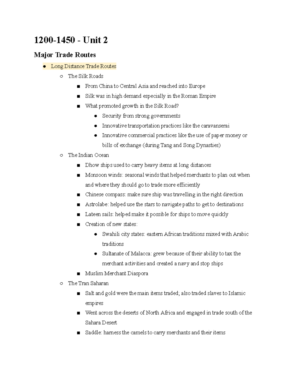World History Unit 2 - 1200-1450 - Unit 2 Major Trade Routes Long ...