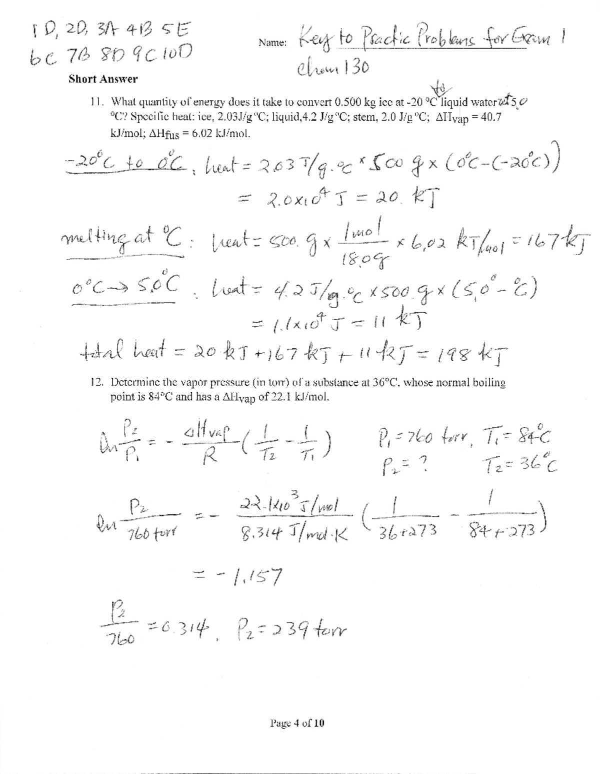 Key-Chem132 Practice Problems Exam 1 - 20 3) 412 SE be 74 80 9c wD ...