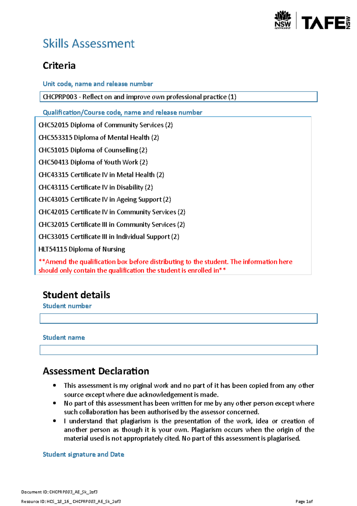 Chcprp 003 AE Skill - hi.................. - Skills Assessment Criteria Unit code, name and ...