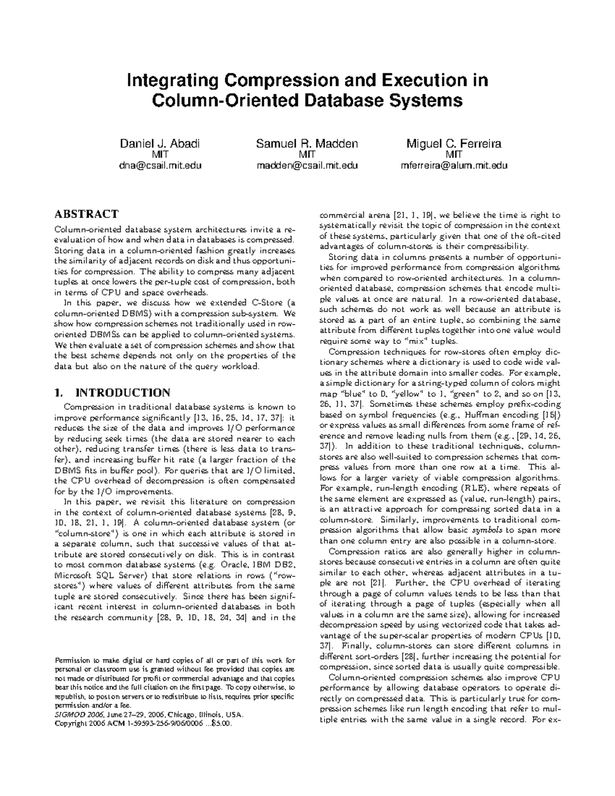 Integrating Compression And Execution In Integrating Compression And Execution In Column