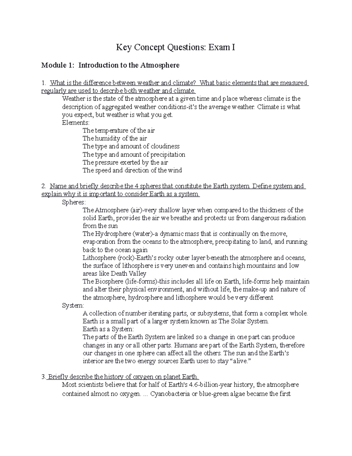 Key Concepts for Exam I - Exam I Review - Key Concept Questions: Exam I Module 1: Introduction ...