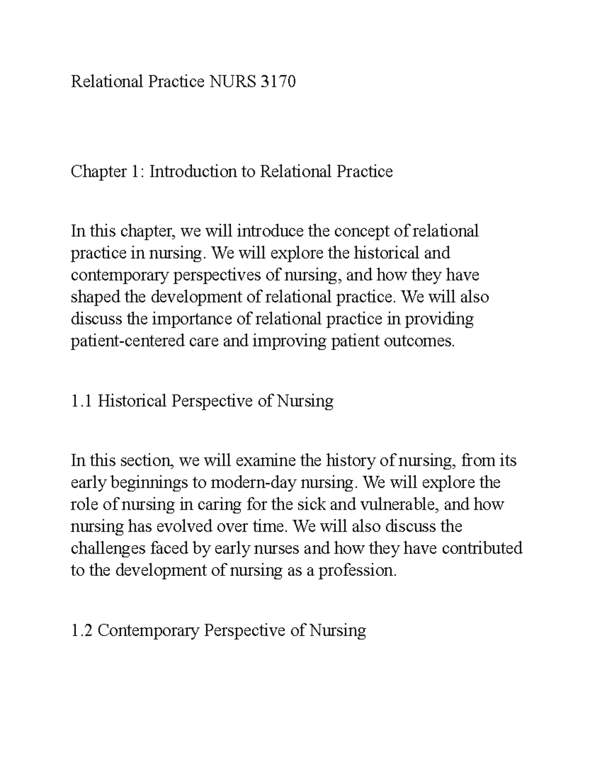 1 Relational Practice NURS 3170 - Relational Practice NURS 3170 Chapter ...
