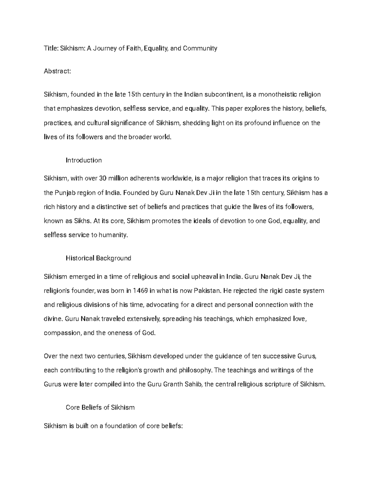 Title Sikhism A Journey of Faith, Equality, and Community - Studocu