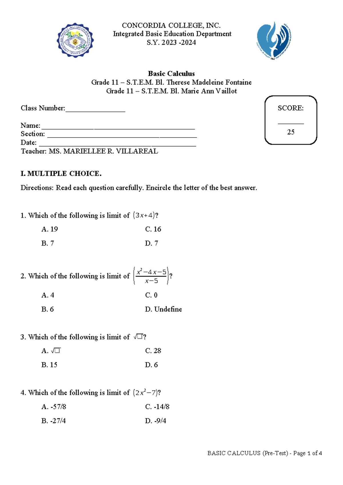 PRE-TEST CALCULUS - CONCORDIA COLLEGE, INC. Integrated Basic Education ...