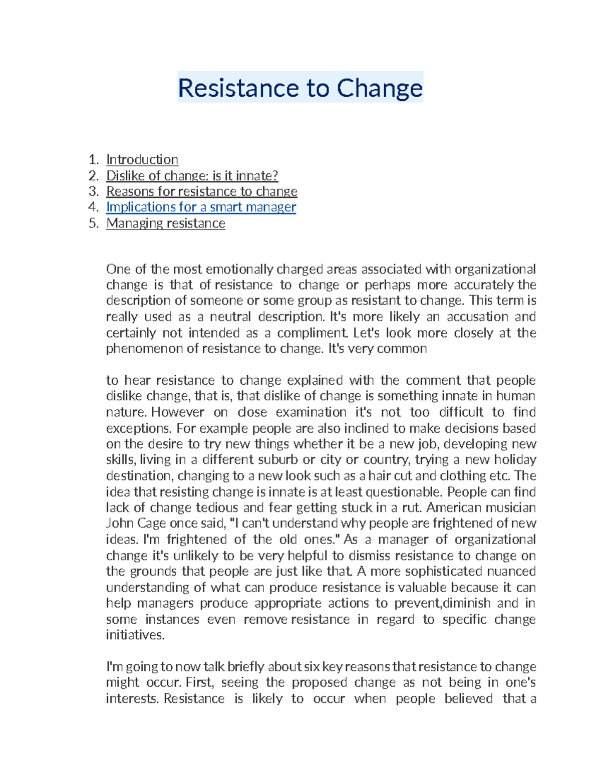 Resistance to Change - Decision Analysis - Resistance to Change ...