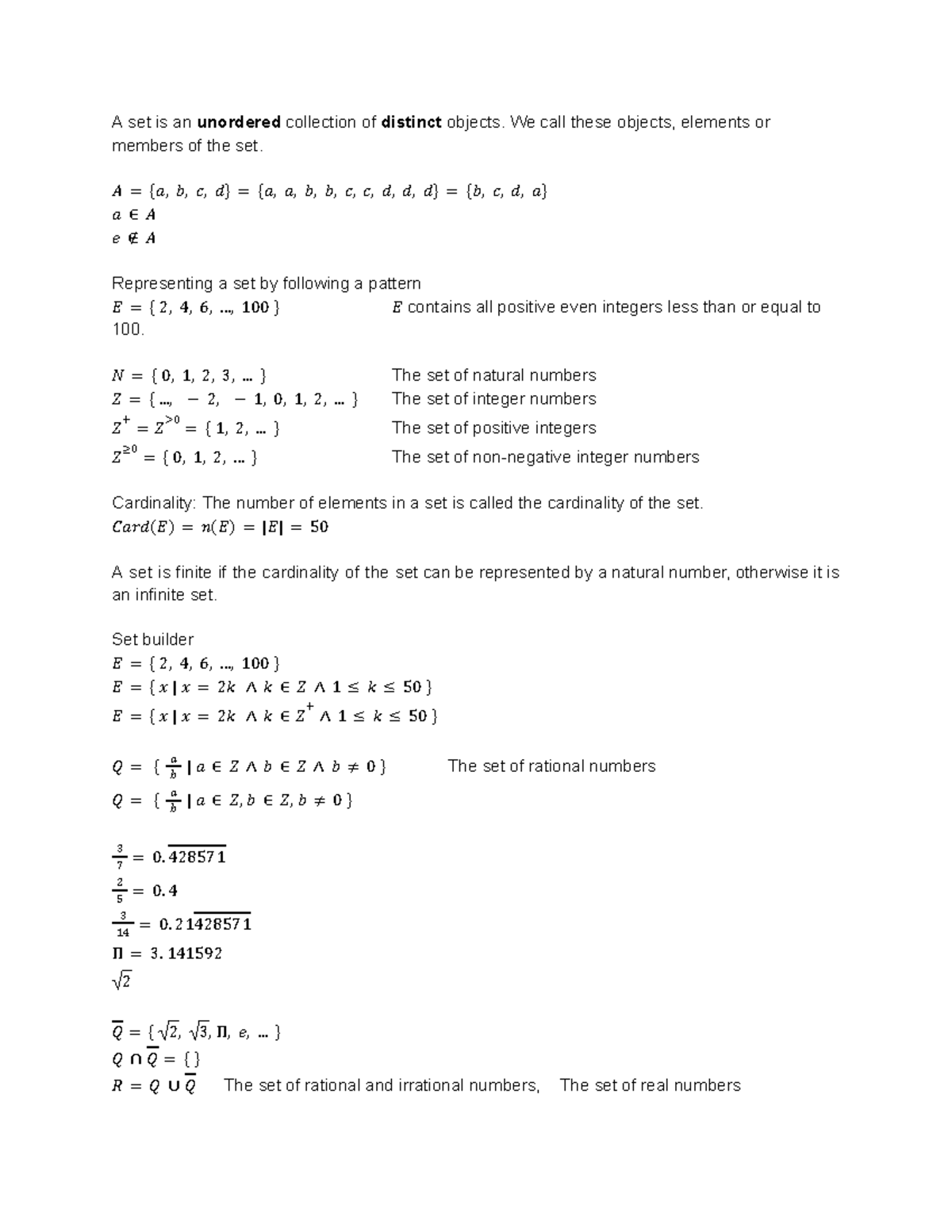 Sets Relations Functions Notes A Set Is An Unordered Collection Of Distinct Objects We Call