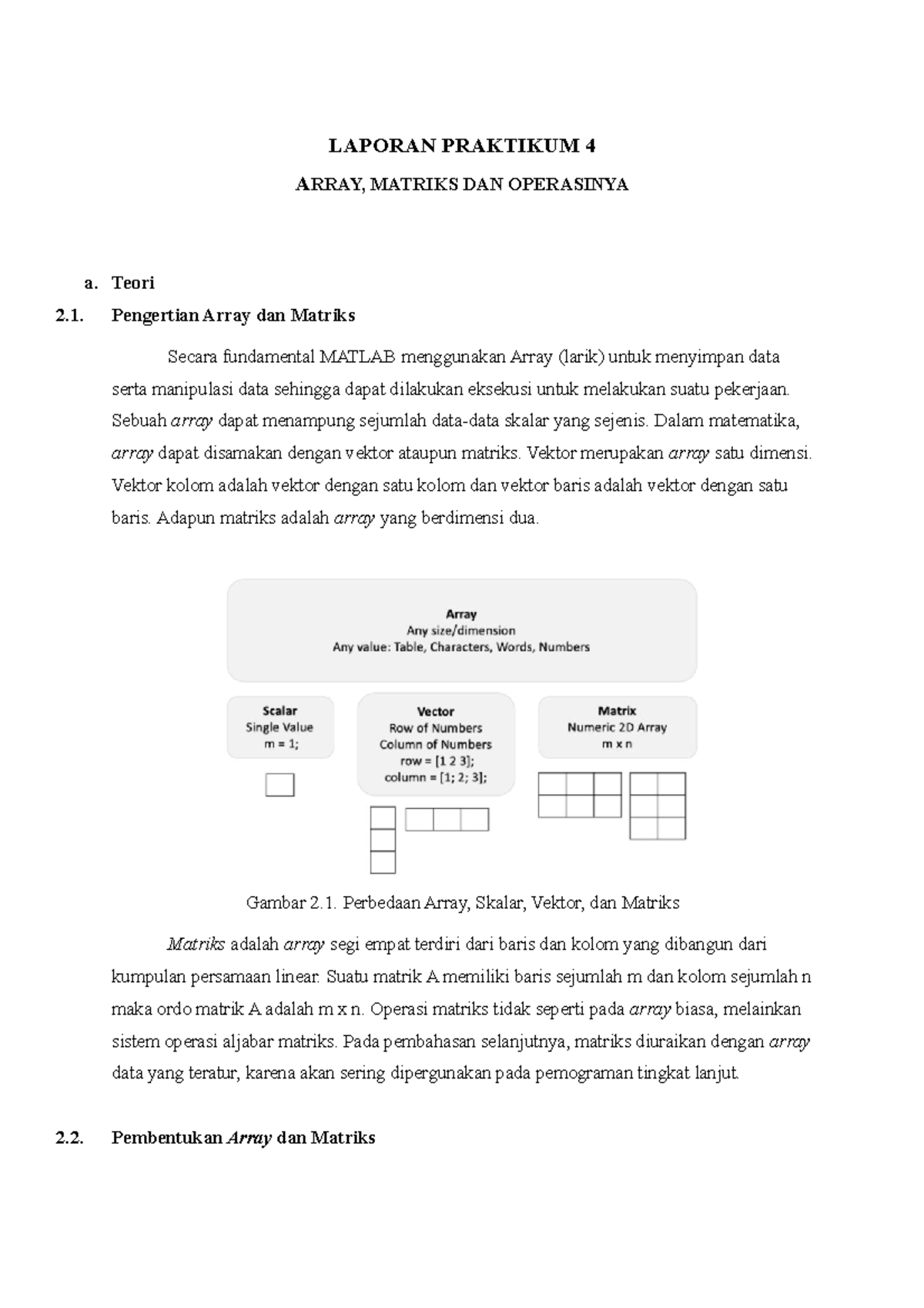 Prak Array dan operasinya - LAPORAN PRAKTIKUM 4 ARRAY, MATRIKS DAN OPERASINYA a. Teori 2 ...