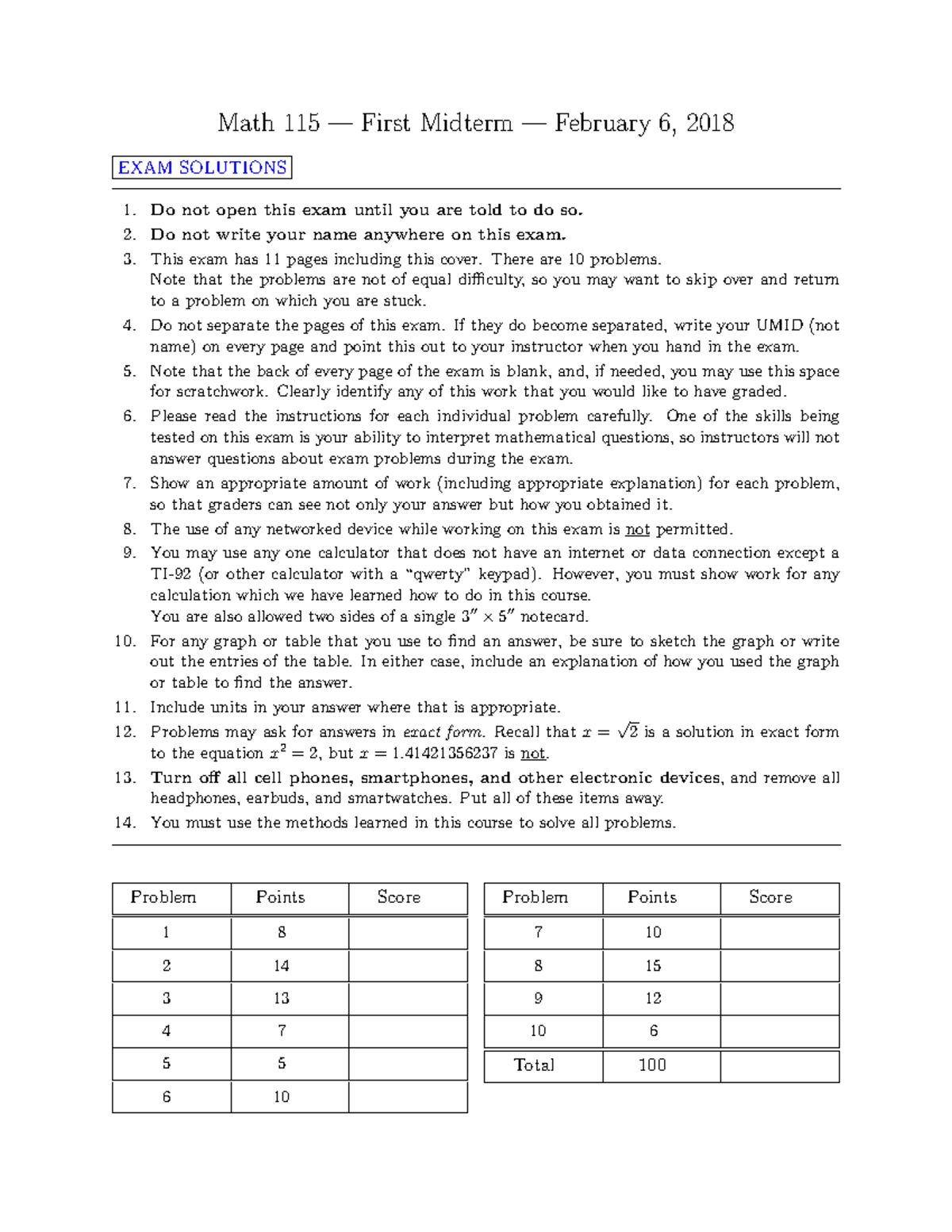 calculus 1 for honour math Exam1W18Solutions - Math 115 — First Midterm ...