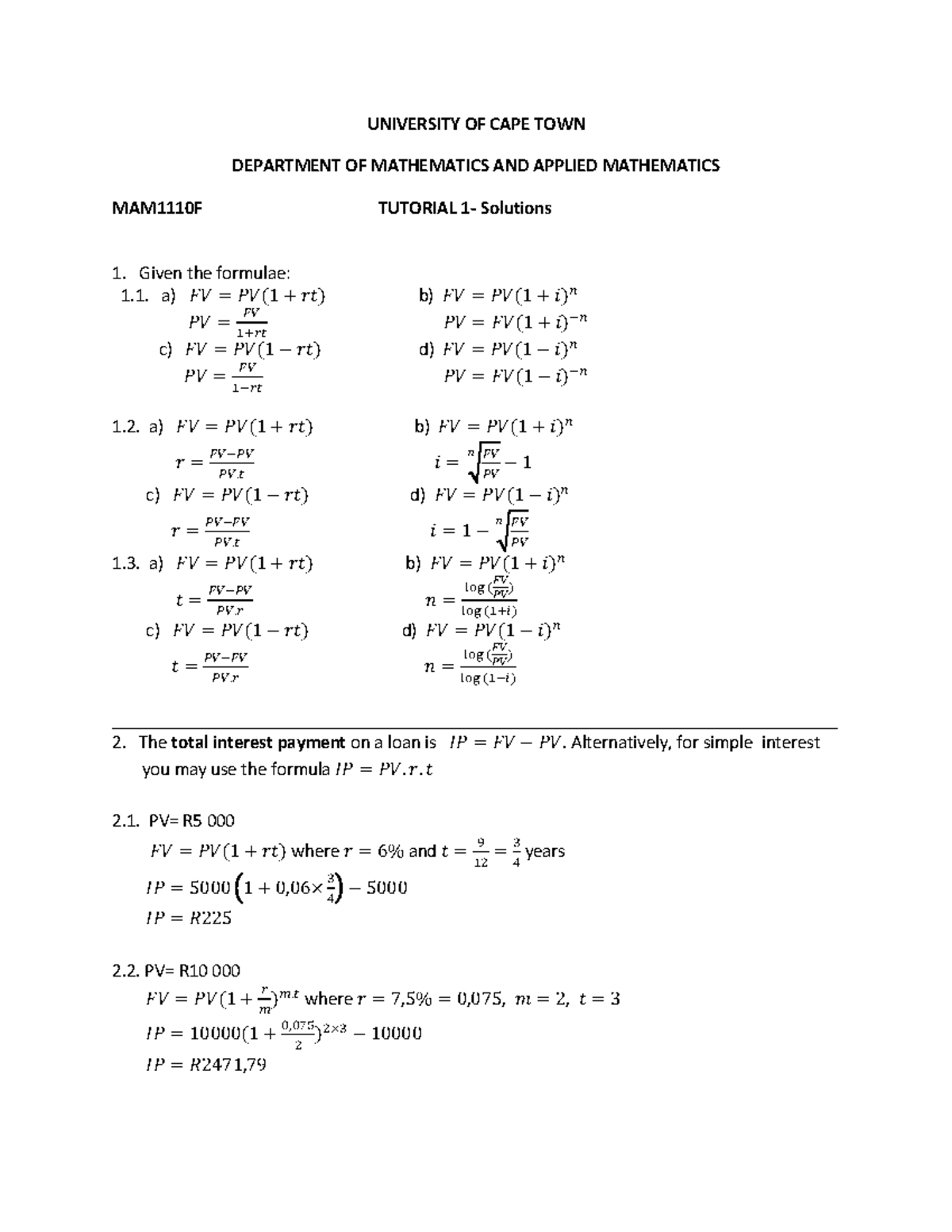 Tutorial 1 Solutions - UNIVERSITY OF CAPE TOWN DEPARTMENT OF MATHEMATICS AND APPLIED MATHEMATICS ...