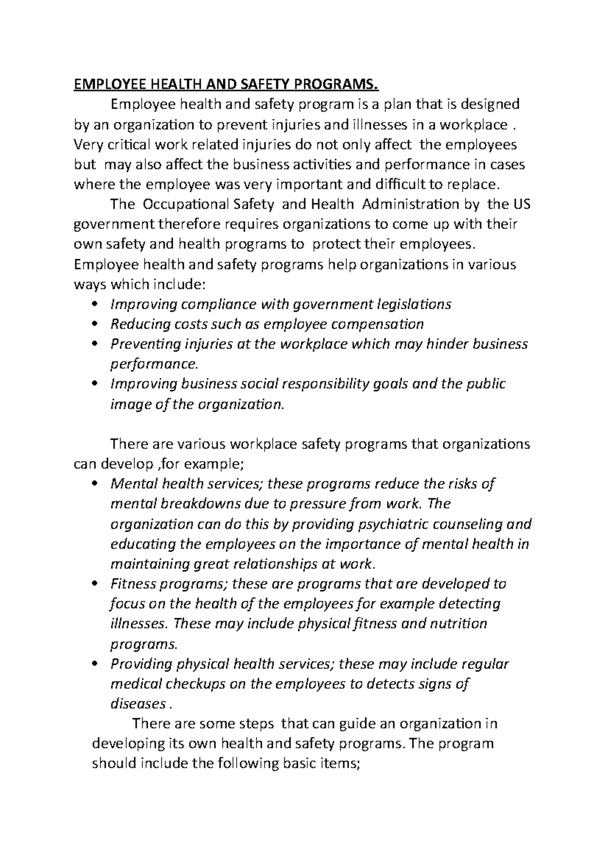 Employee health and safety programs - EMPLOYEE HEALTH AND SAFETY ...