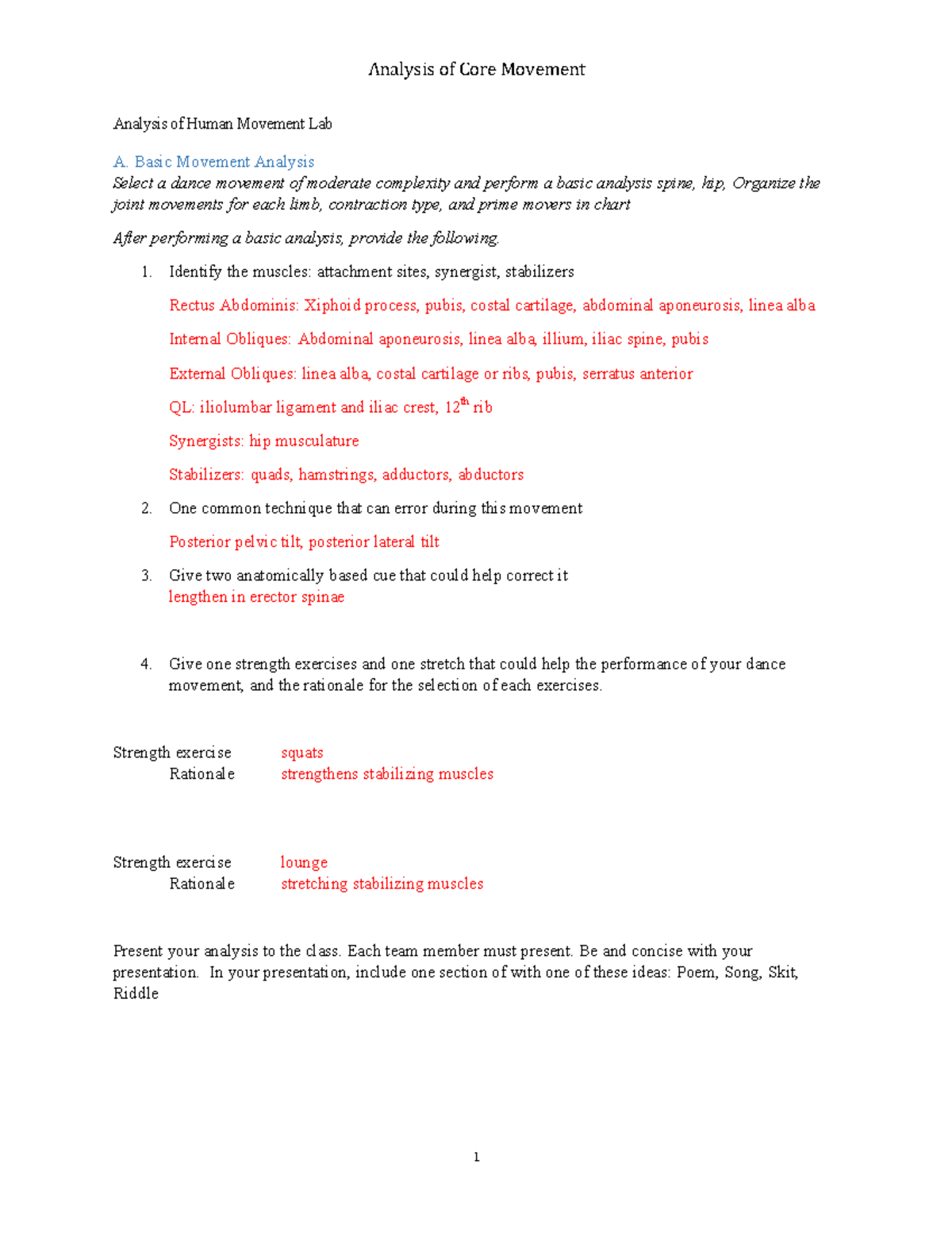Class Movement Lab - Labs - Analysis of Core Movement 1 Analysis of ...