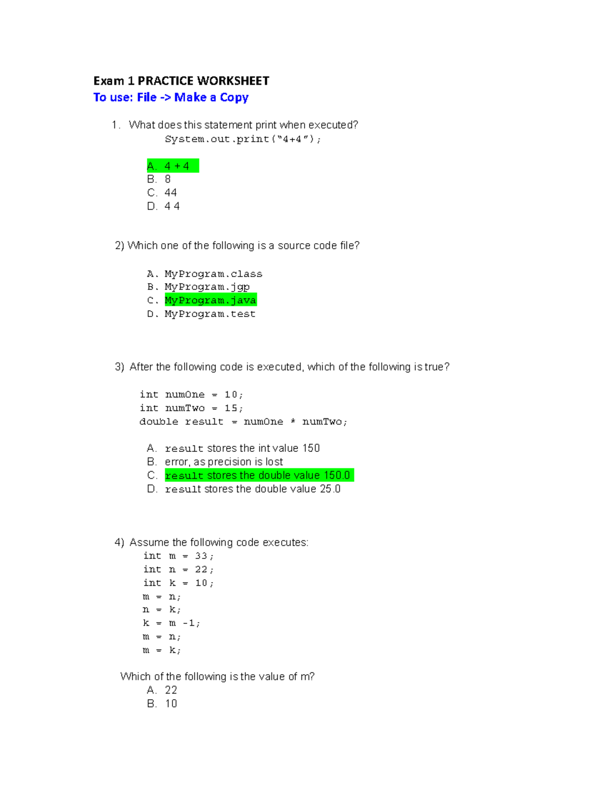 Exam 1 Practice Worksheet - Exam 1 PRACTICE WORKSHEET To use: File ...