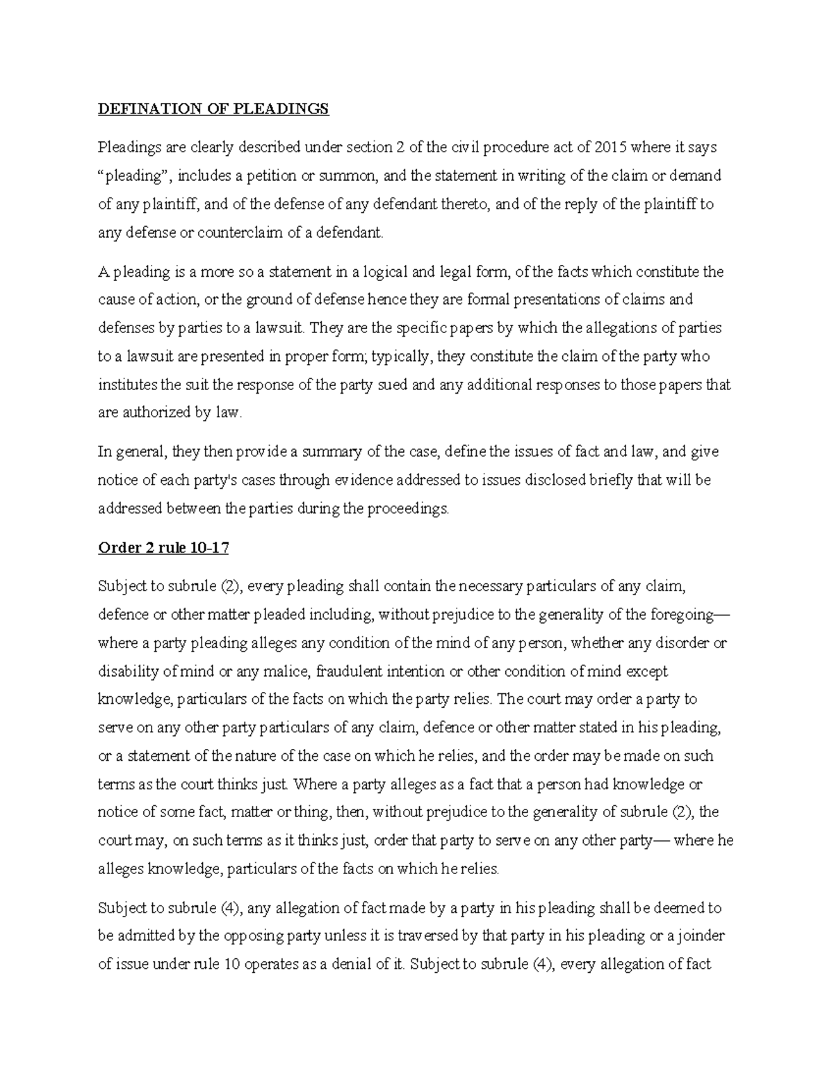 Definition OF Pleadings( CPC) - DEFINATION OF PLEADINGS Pleadings are ...