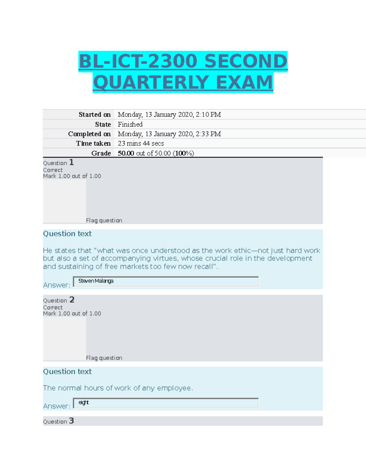 ICT 2300 Second Quarter Examination - BL-ICT-2300 SECOND QUARTERLY EXAM Started on Monday, 13 ...