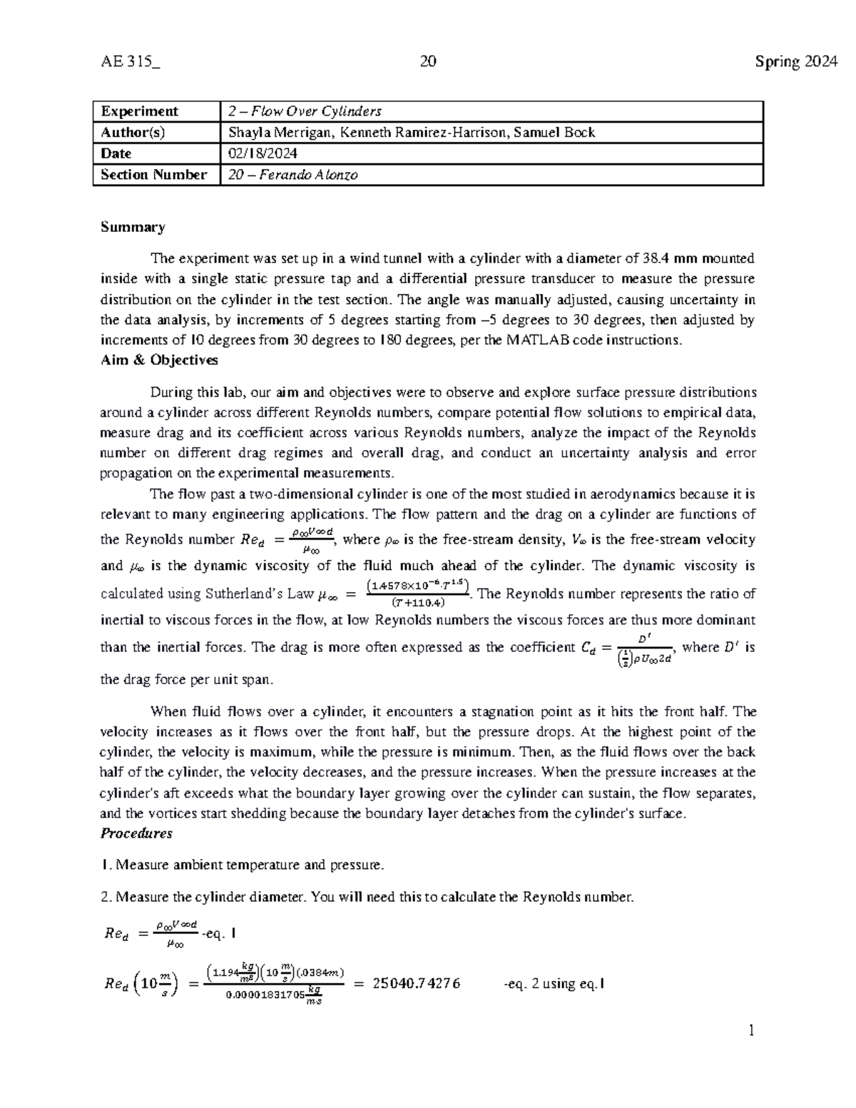 AE 315 Lab Note 2 - Experiment 2 – Flow Over Cylinders Author(s) Shayla ...