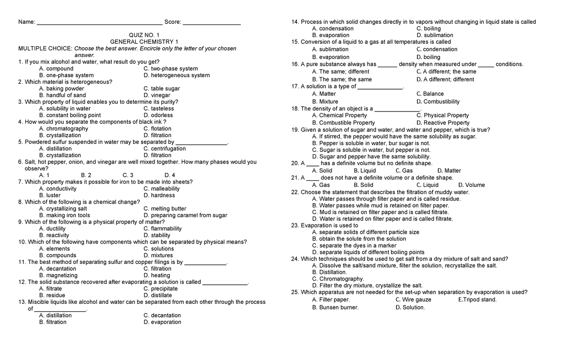 QUIZ NO. 1 Chemistry - Quiz - Name ...