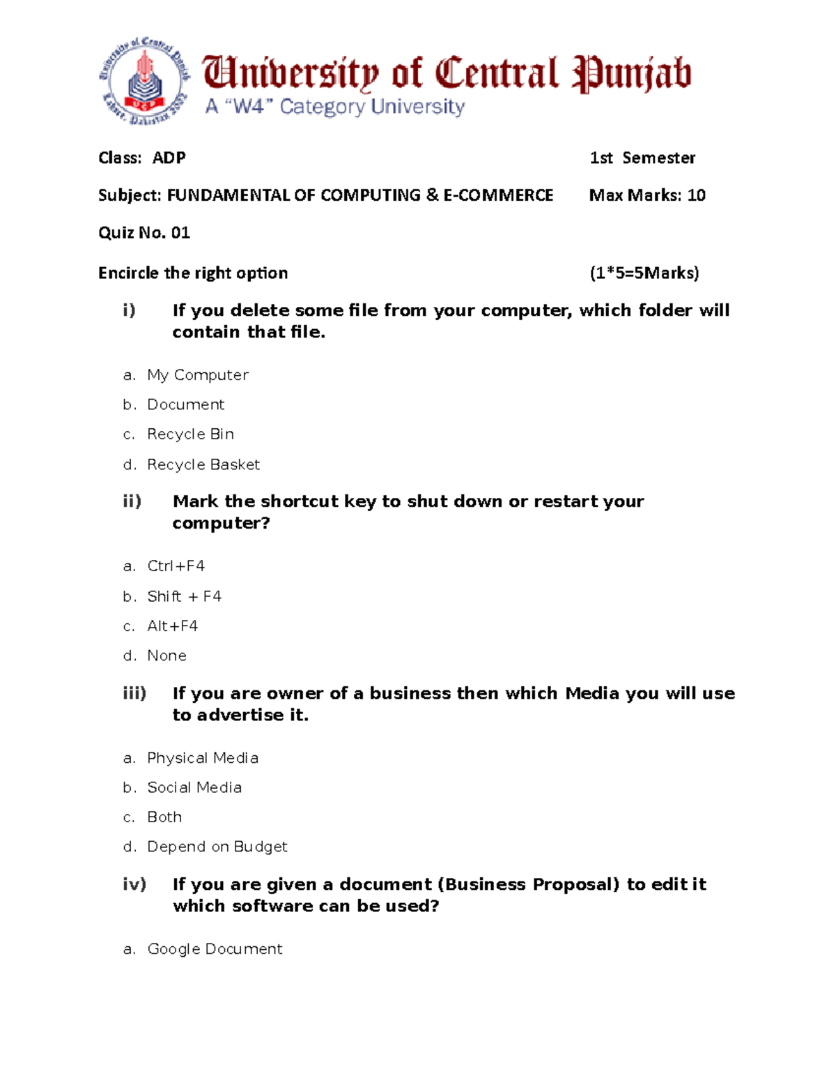 Quiz1 (ADP) - Quiz of ADP - Class: ADP 1st Semester Subject ...