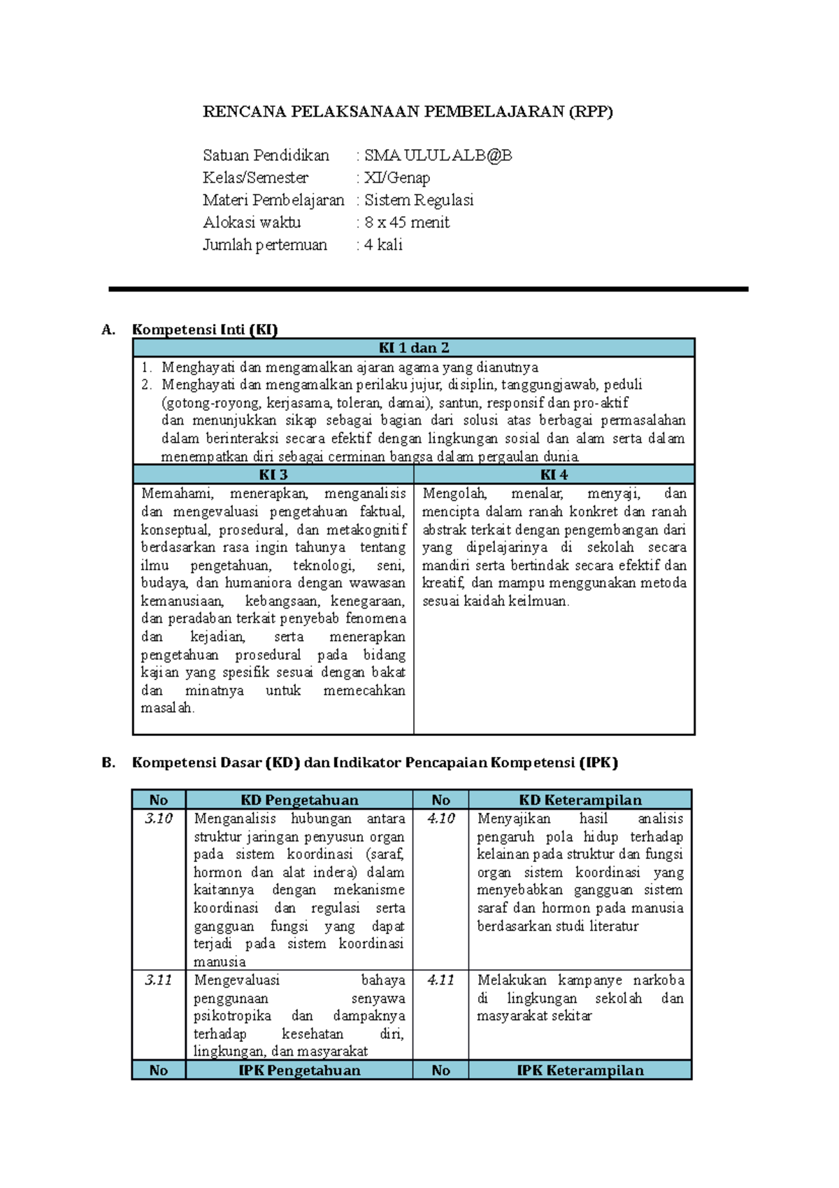 RPP Sistem Regulasi - RENCANA PELAKSANAAN PEMBELAJARAN (RPP) Satuan ...