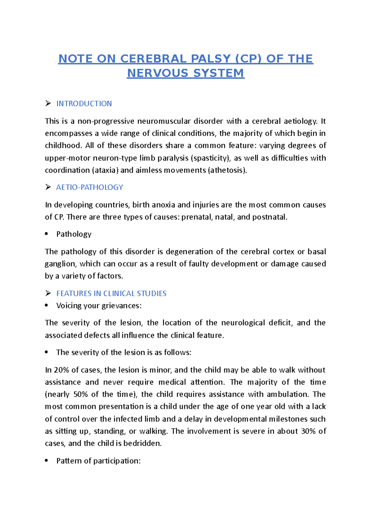 Note on cerebral palsy of the nervous system - NOTE ON CEREBRAL PALSY ...