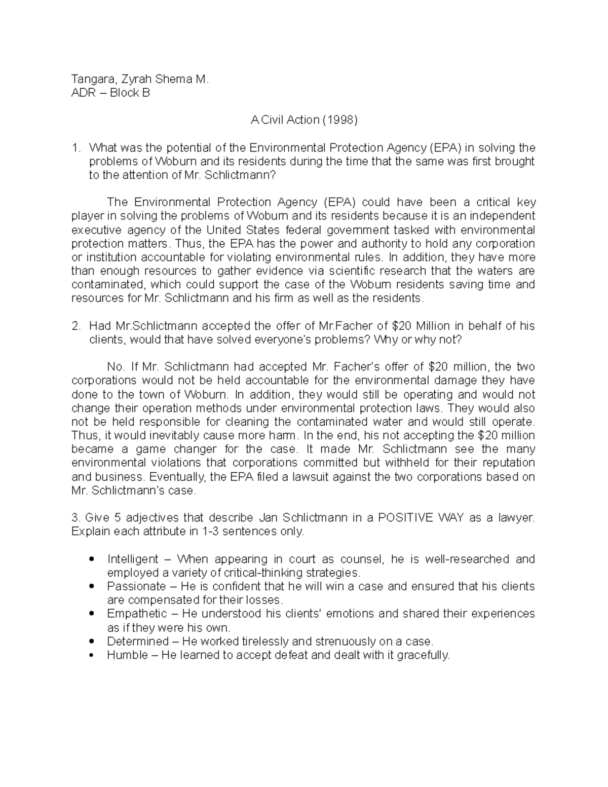 ADR - Essay on the movie "A Civil Action" - Tangara, Zyrah Shema M. ADR ...