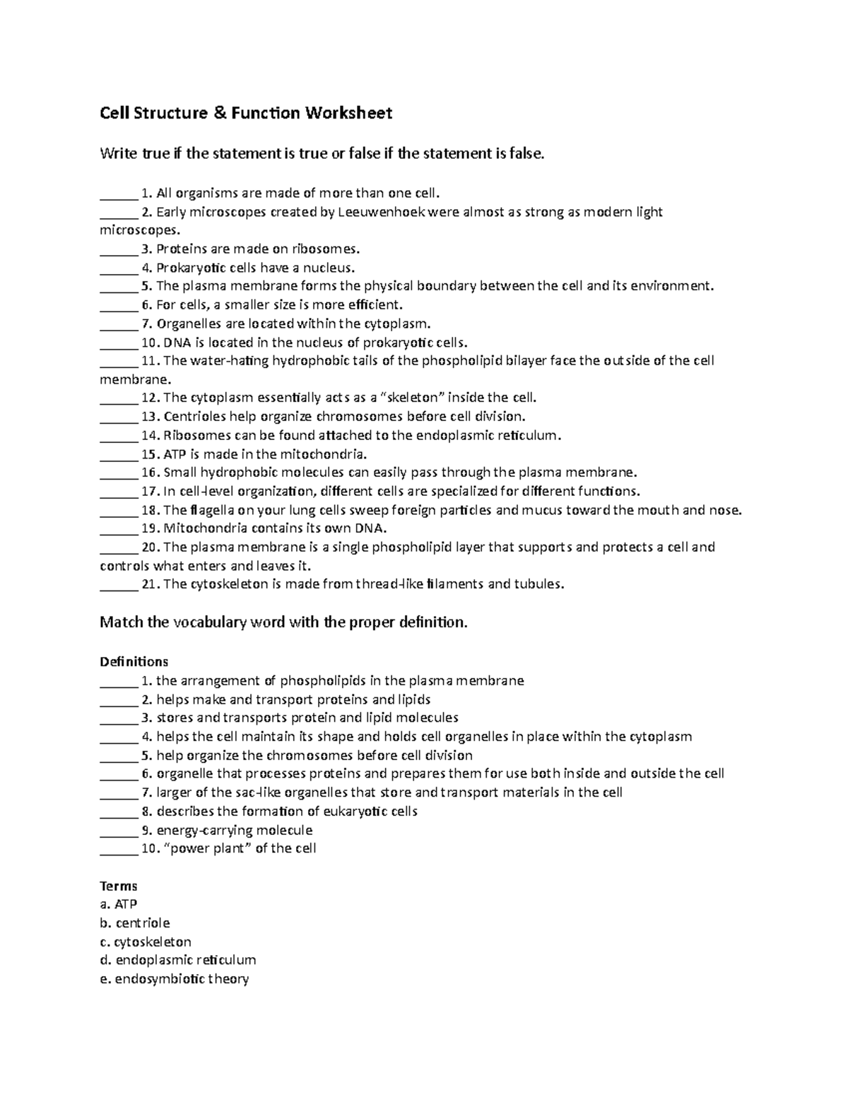 Cell Structure worksheet - Cell Structure & Function Worksheet Write ...