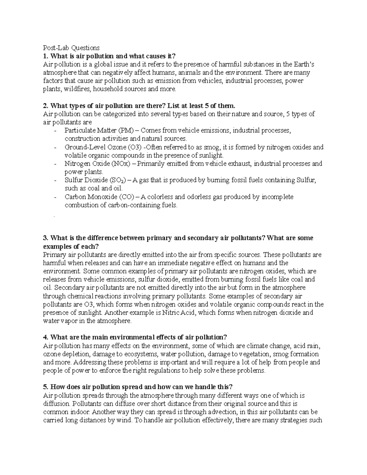 Post Lab Q's - Post LAb Q/s - Post-Lab Questions What is air pollution ...
