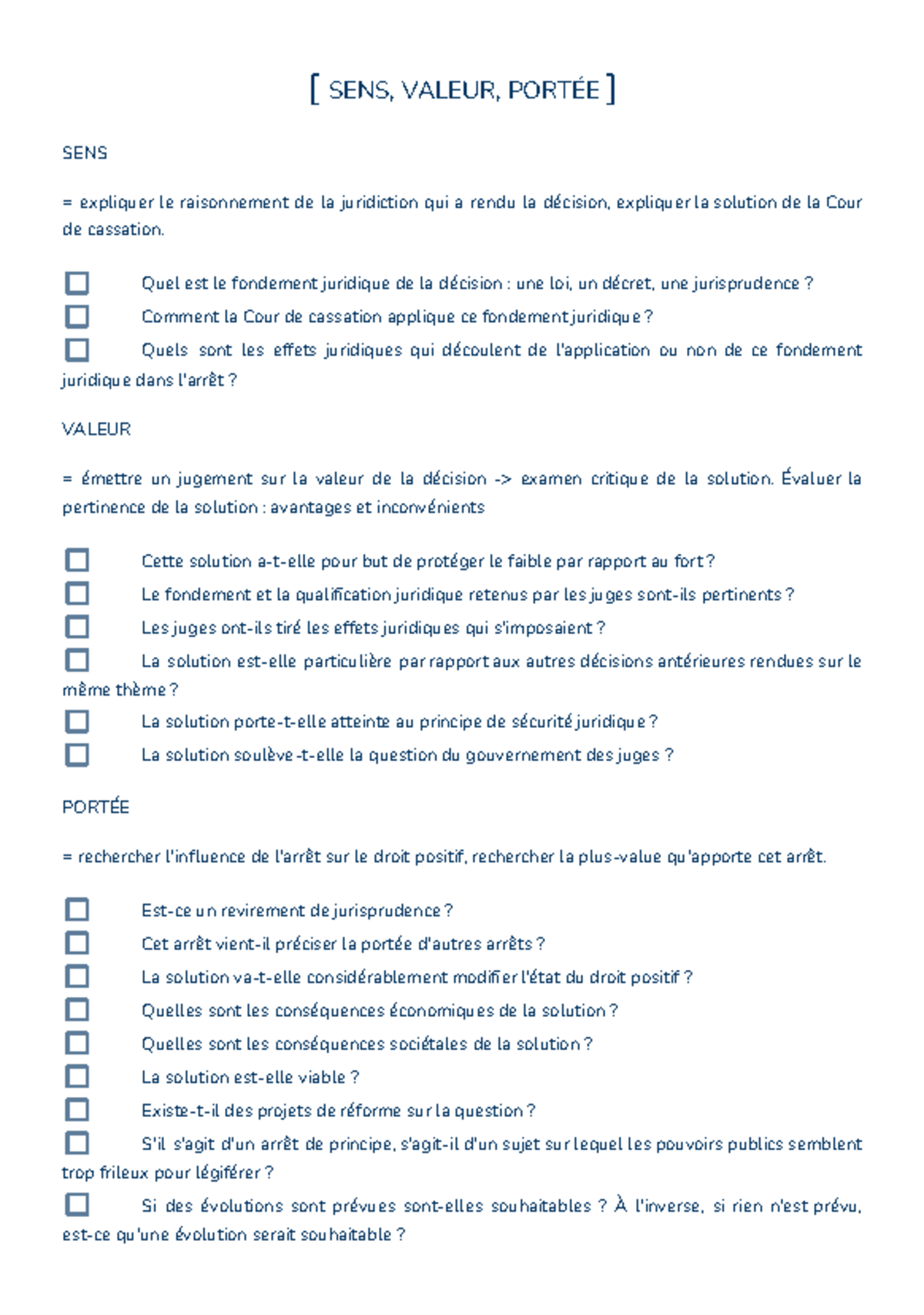 [ SENS, Valeur, Portée ] - [ SENS, VALEUR, PORTÉE ] SENS = expliquer le ...
