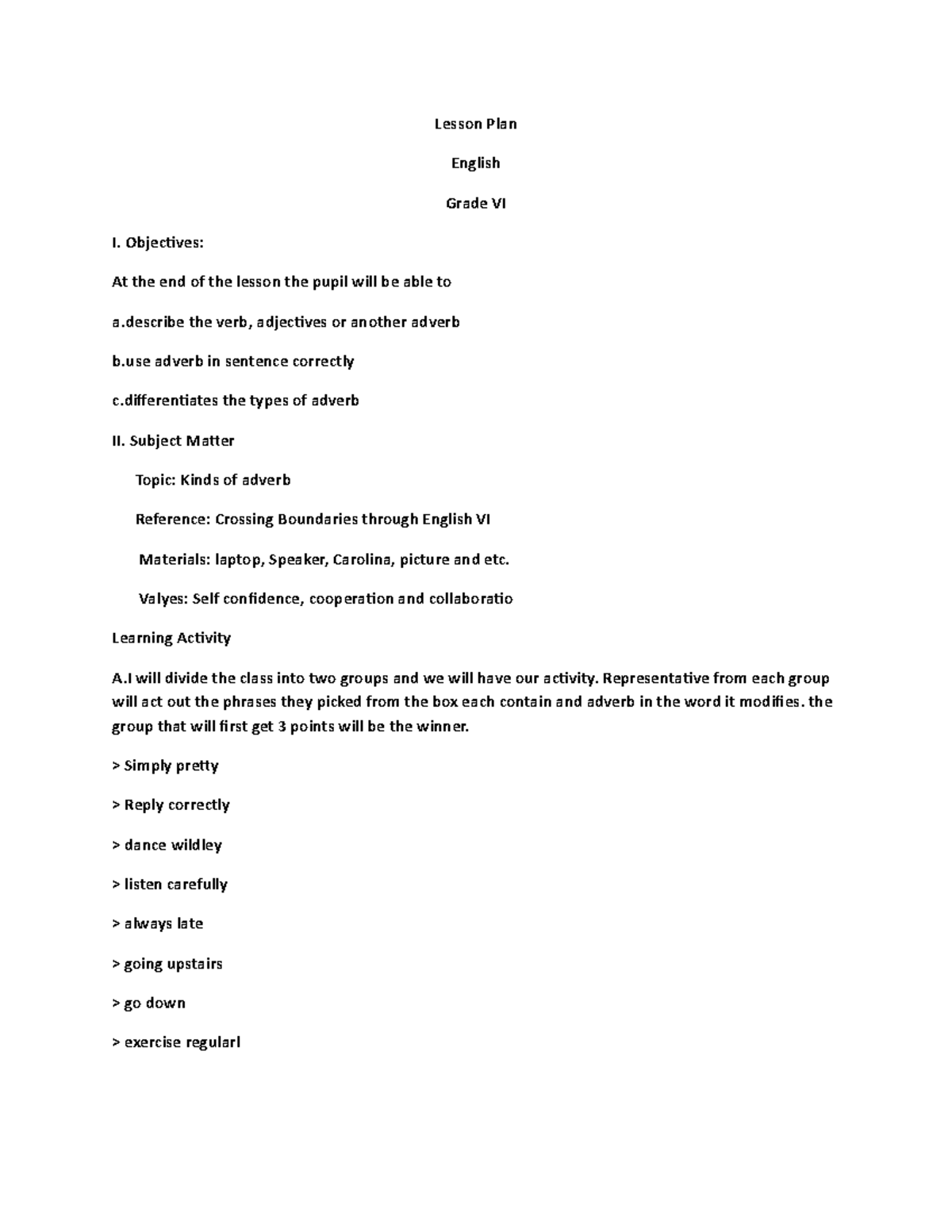Lesson Plan English Grade 6 Jolena Grace Avila BEED3 - Lesson Plan ...
