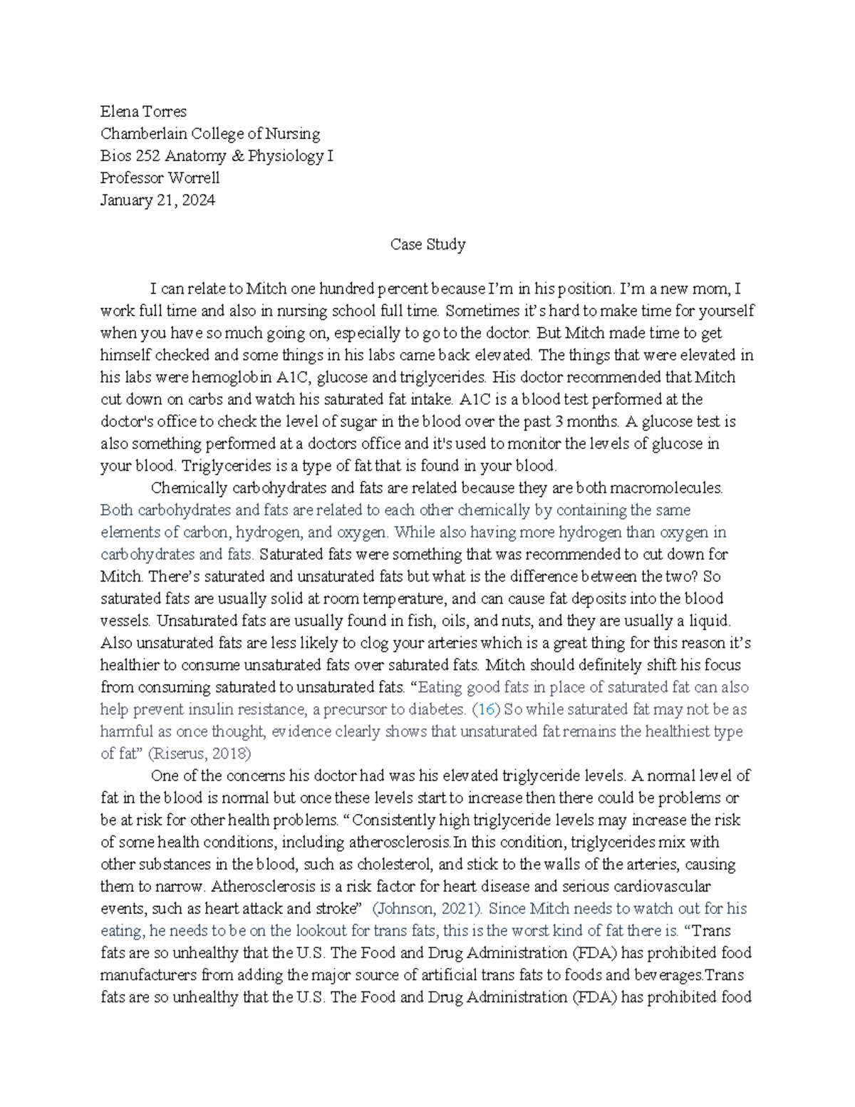 Week 2 Case study - Elena Torres Chamberlain College of Nursing Bios ...