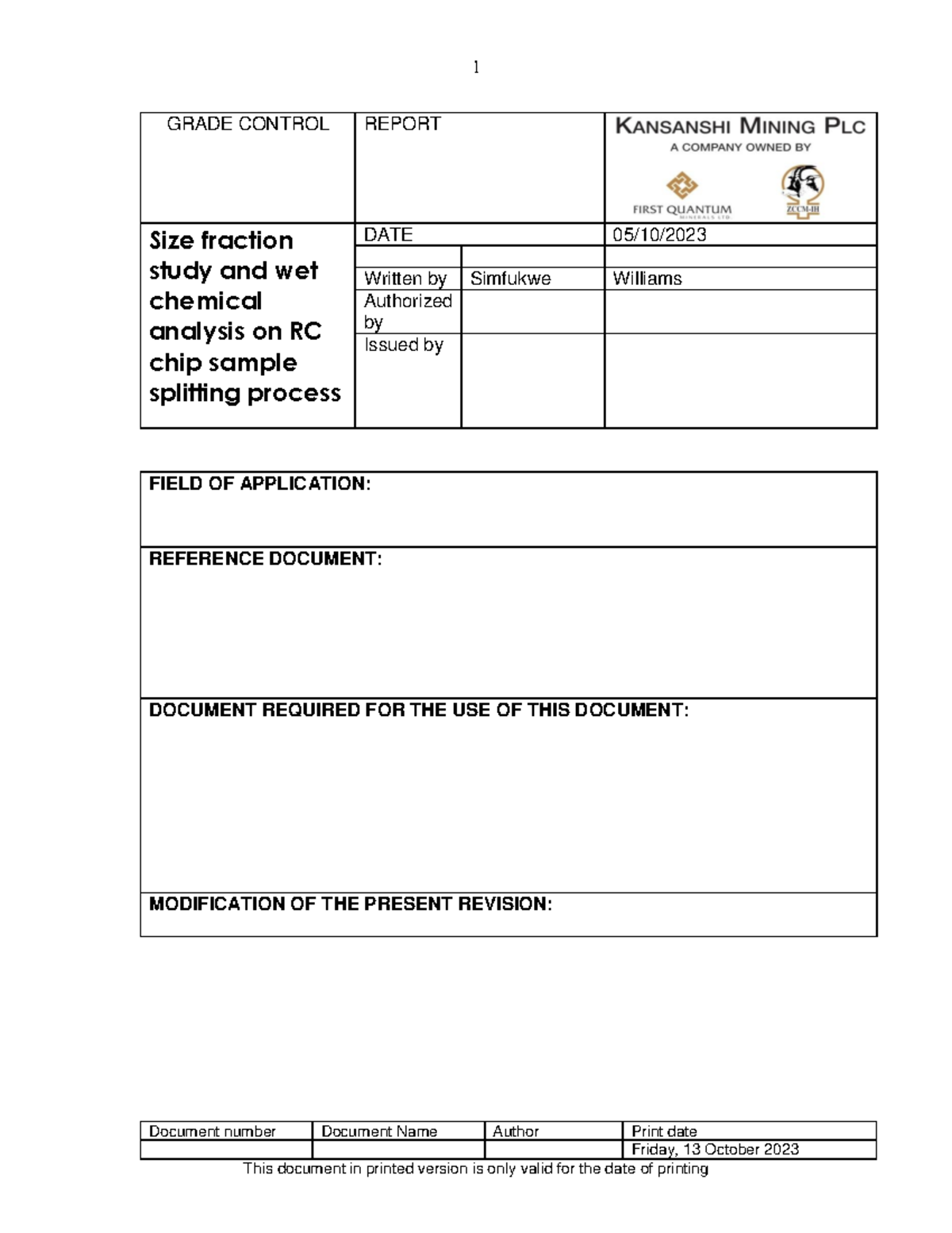 Report PFS - Project - Document number Document Name Author Print date ...
