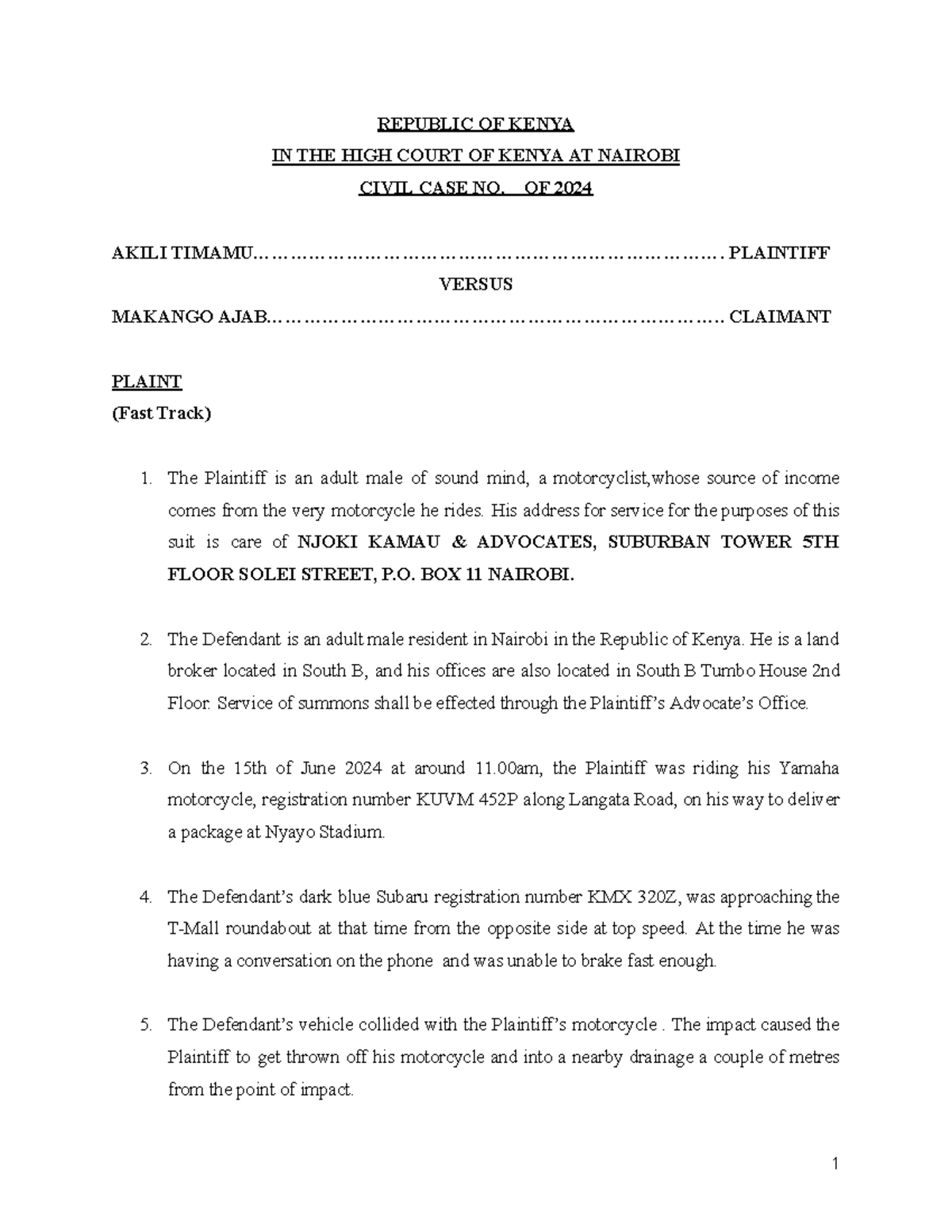 Plaint - Civil Pocedure - REPUBLIC OF KENYA IN THE HIGH COURT OF KENYA ...
