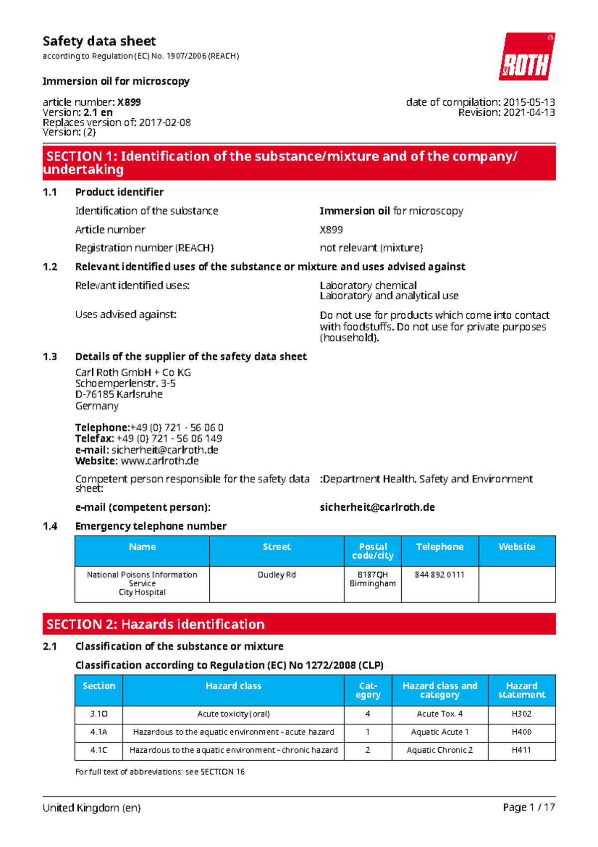 MSDS immersie-olie - msds - SECTION 1: Identification of the substance ...