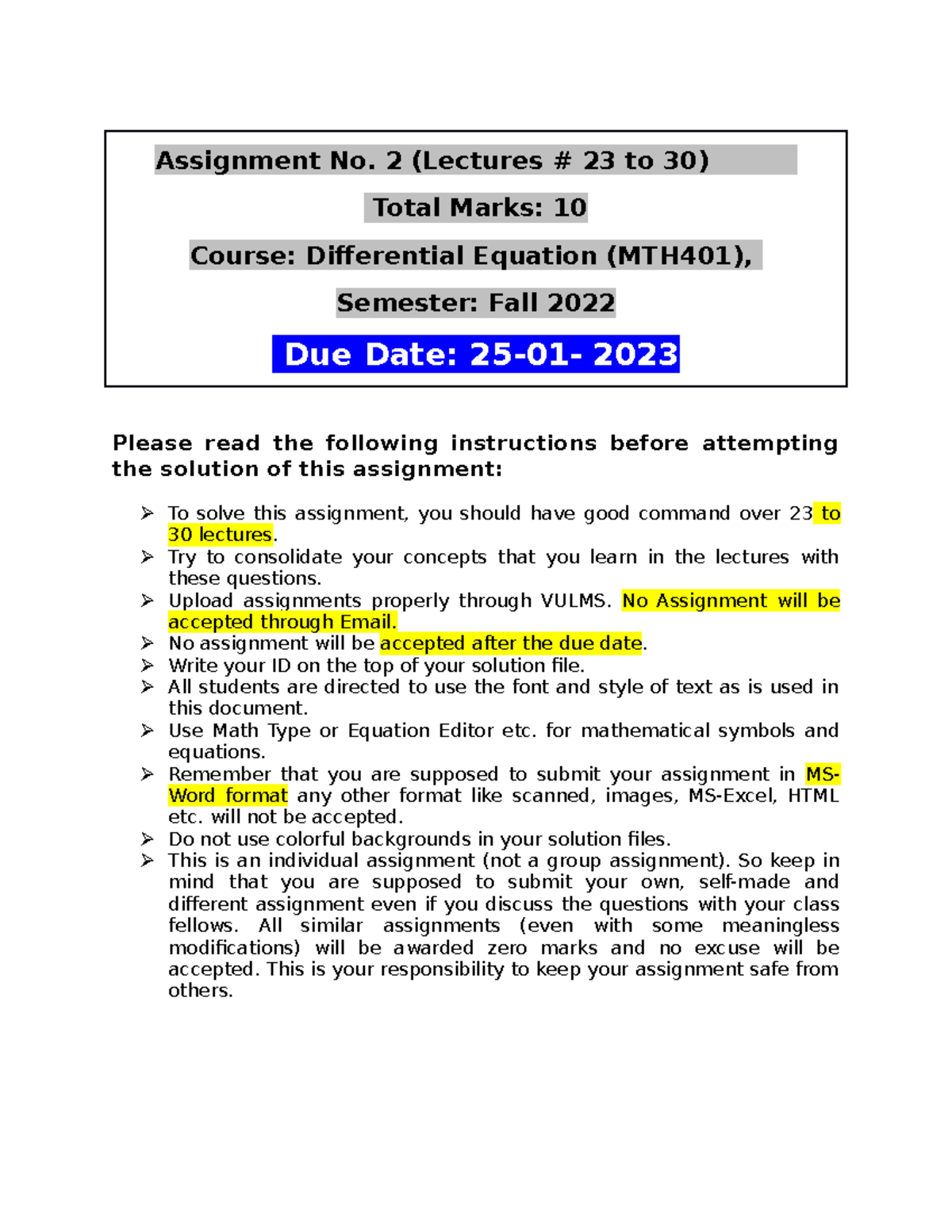 Fall 2022 MTH401 2 - Assignment No. 2 (Lectures # 23 to 30 ) Total Marks: 10 Course ...