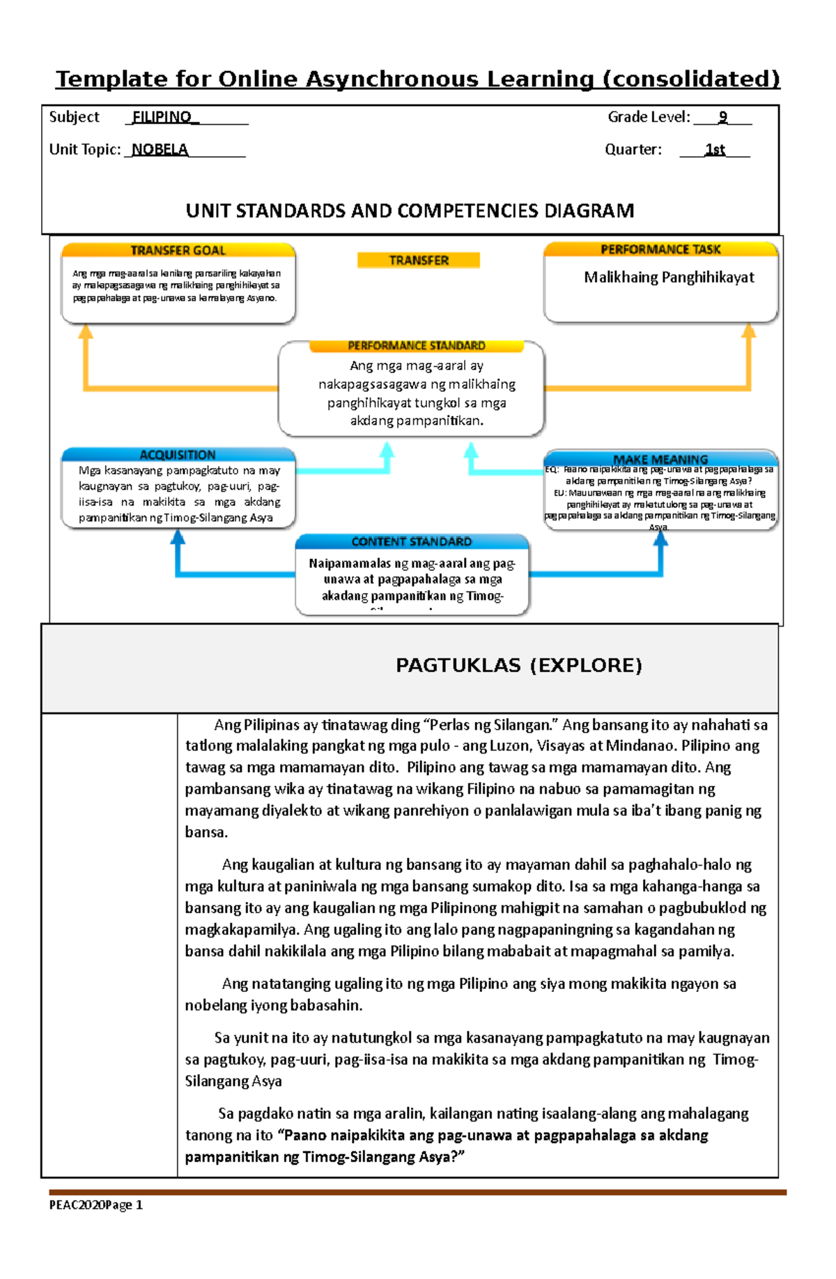 Sample Learning Plan - Filipino 7 INSET - Template for Online ...