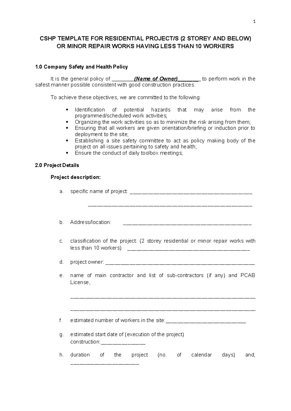 Simplified CSHP Template - CSHP TEMPLATE FOR RESIDENTIAL PROJECT/S (2 ...