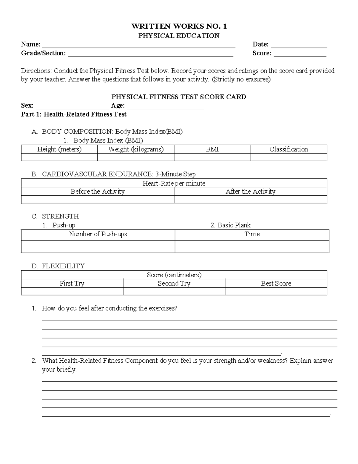 First Written Work - WRITTEN WORKS NO. 1 PHYSICAL EDUCATION Name: - Studocu