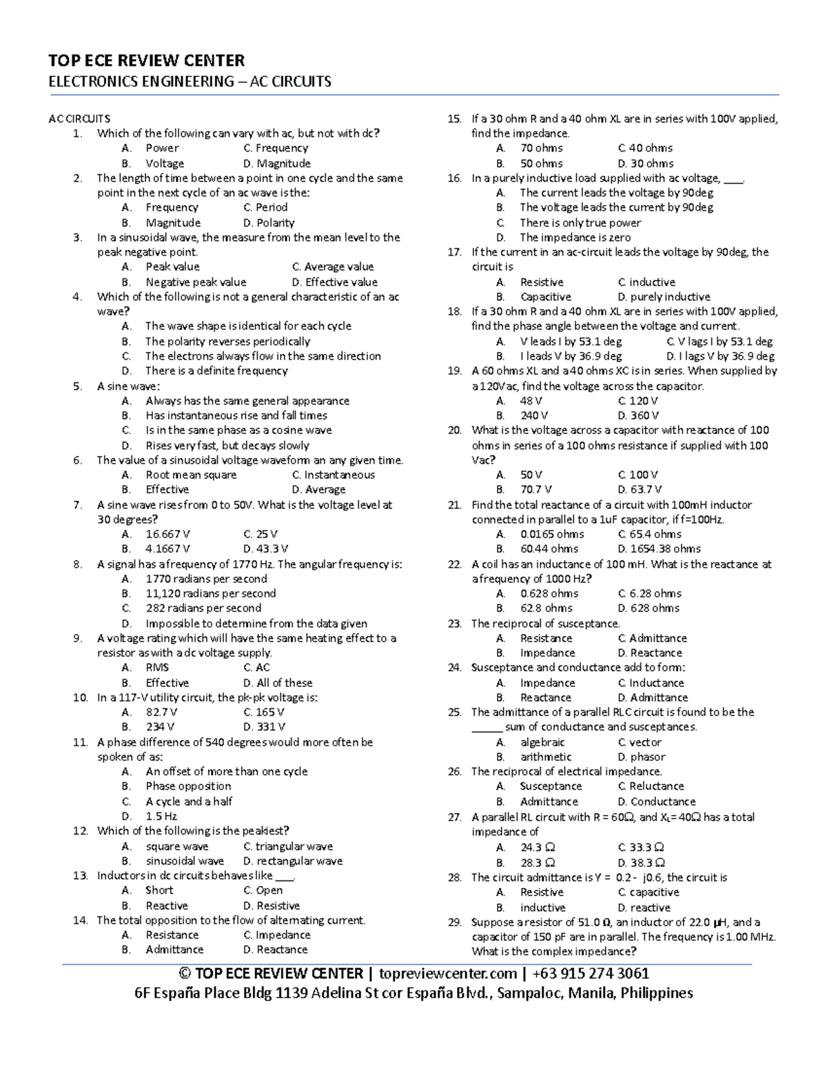 ELEX - AC Circuits no Ans - TOP ECE REVIEW CENTER ELECTRONICS ENGINEERING – AC CIRCUITS © TOP ...