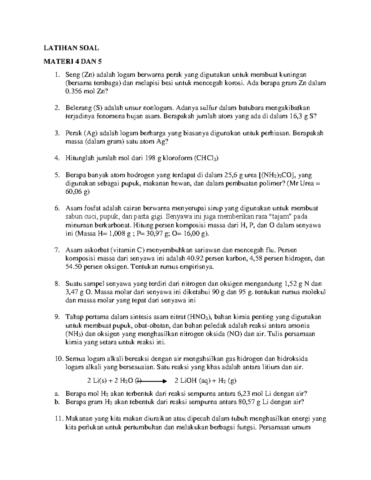 Latihan SOAL Kimia - LATIHAN SOAL MATERI 4 DAN 5 Seng (Zn) adalah logam ...