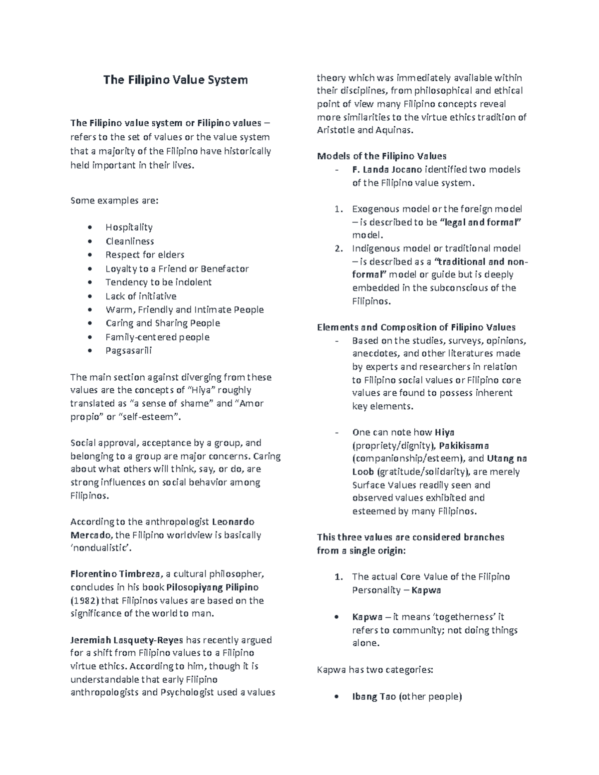 The Filipino Value System - Some examples are: Hospitality Cleanliness ...