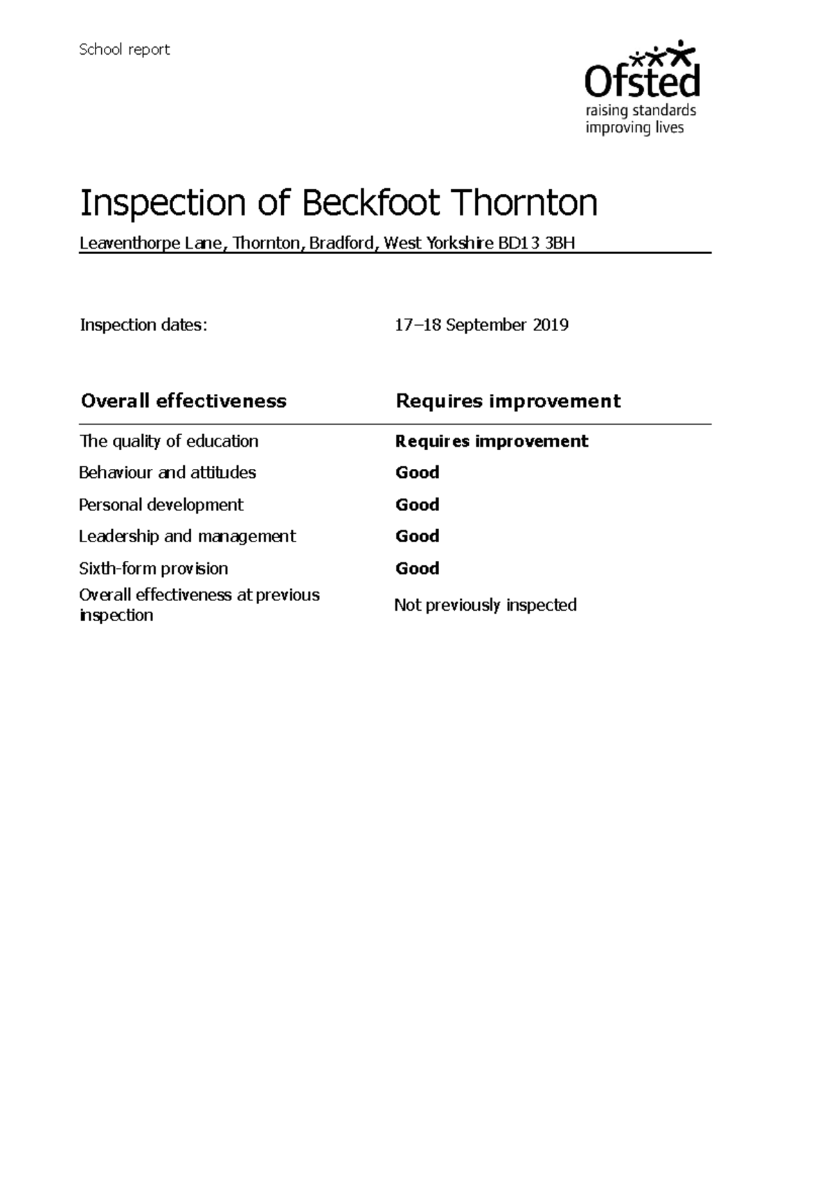 143114 1 - School report Inspection of Beckfoot Thornton Leaventhorpe ...