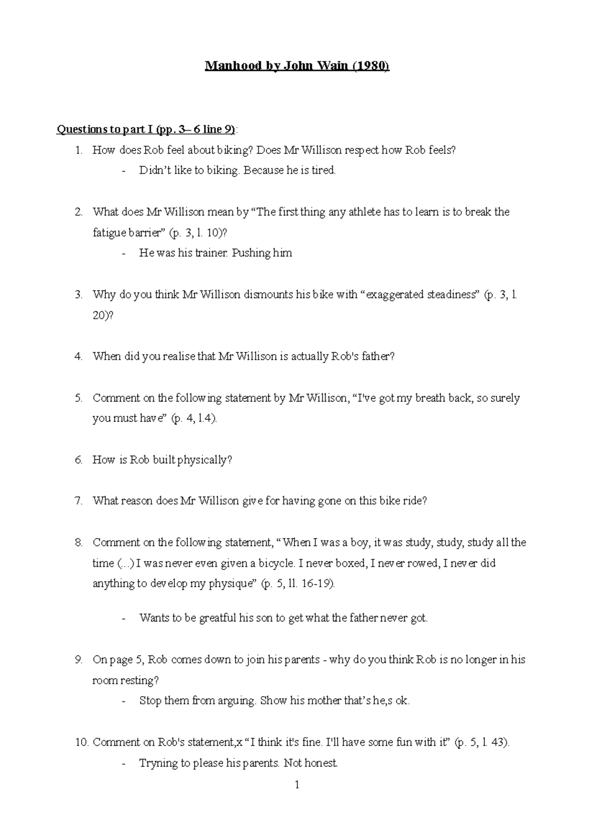 Questions Manhood - GOOD - Manhood by John Wain (1980) Questions to ...