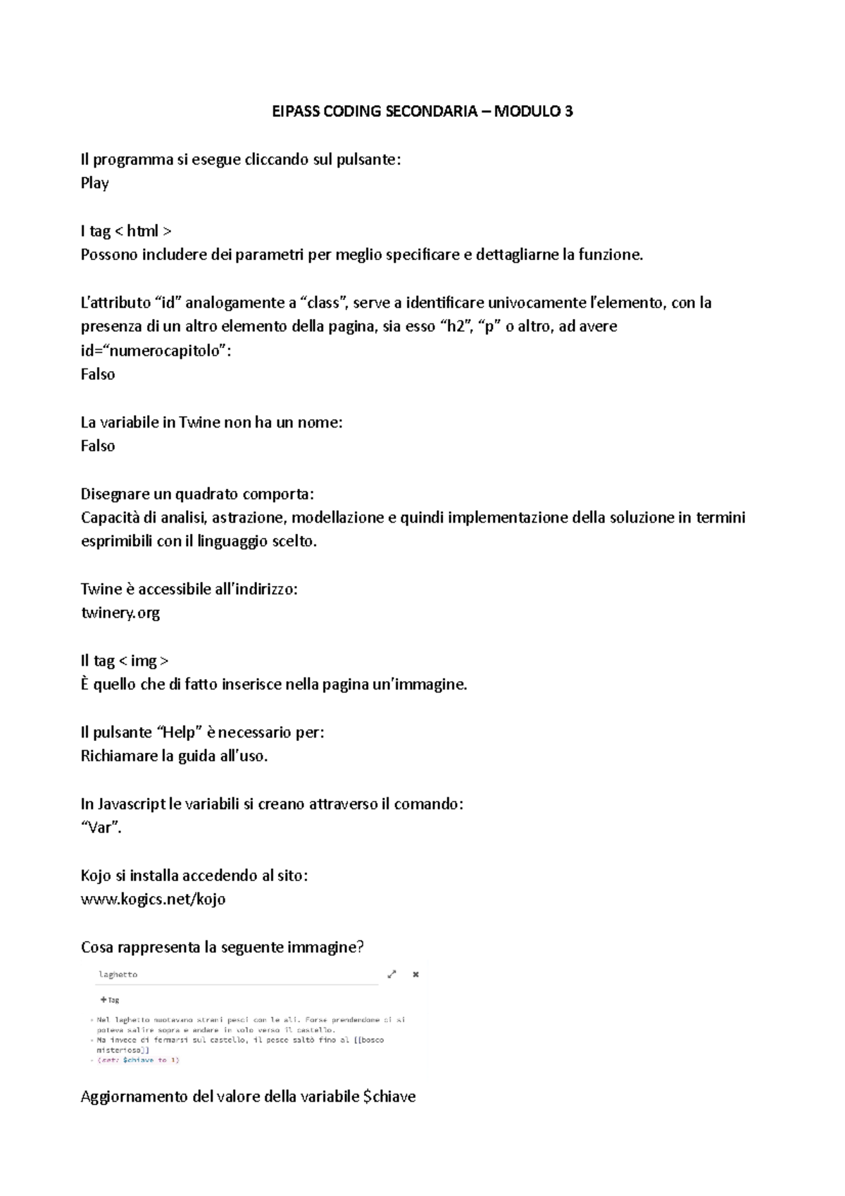 Eipass Coding Secondaria Domande Modulo 3 - EIPASS CODING SECONDARIA – MODULO 3 Il programma si ...