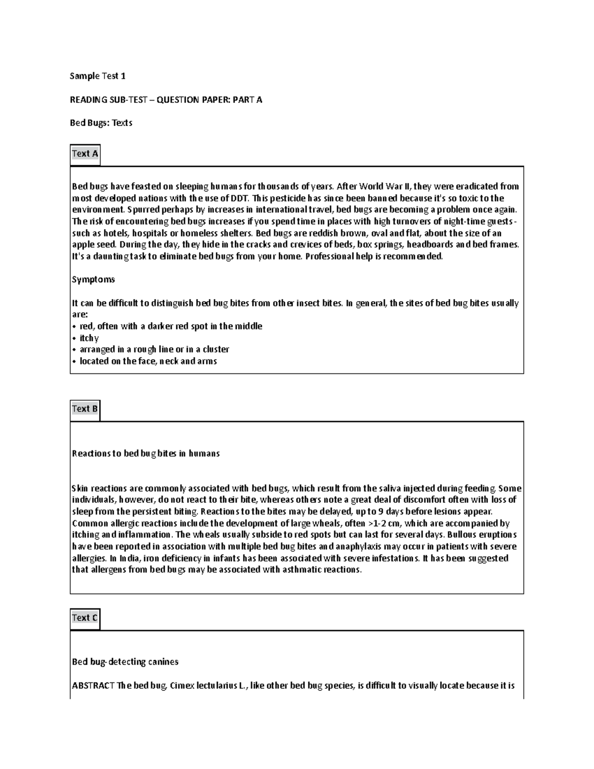 BED BUGS - English practice materials - Sample Test 1 READING SUB-TEST ...