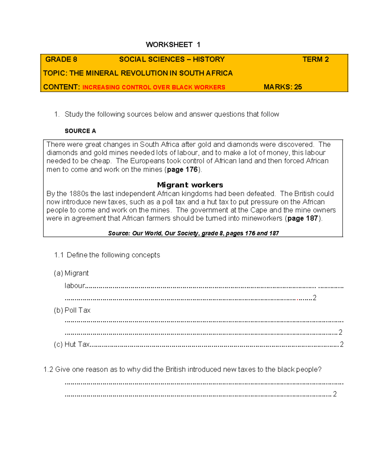 Social Sciences History Worksheets T2 Grade 8 - WORKSHEET 1 GRADE 8 ...
