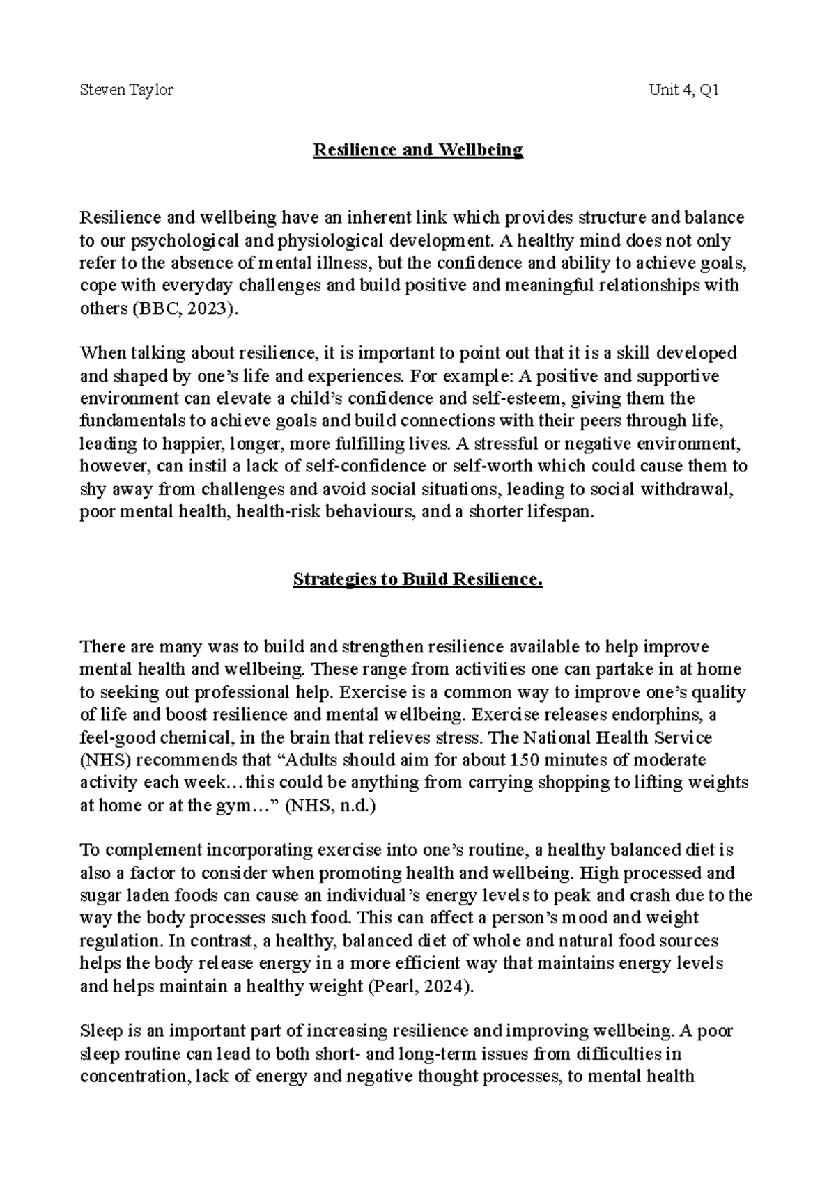 Resilience and Wellbeing - Steven Taylor Unit 4, Q Resilience and ...