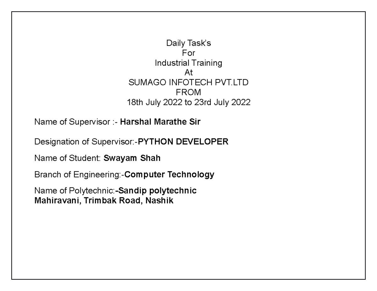 Swayam 3rdweak - Good to go with doc - Daily Task’s For Industrial ...