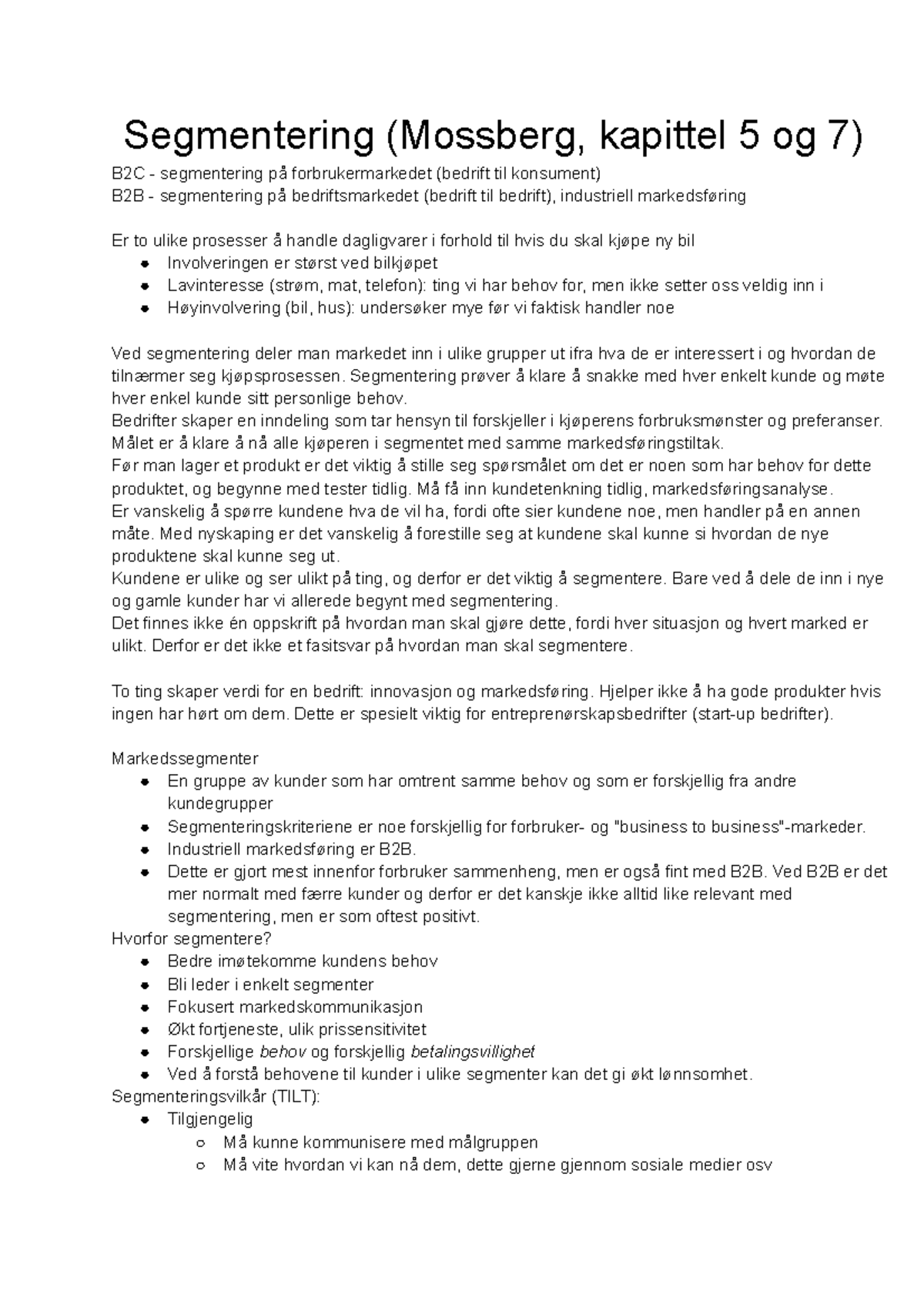 Markedsføring forberedelse eksamen - Segmentering (Mossberg, kapittel 5 ...